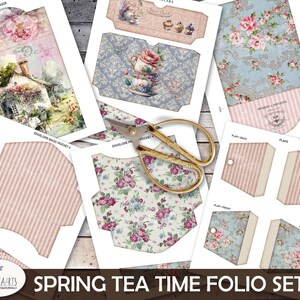 Spring Tea Time Folio Set, Junk Journal Printable, Tea and Roses, Tri Fold Folio Kit, Shabby ...