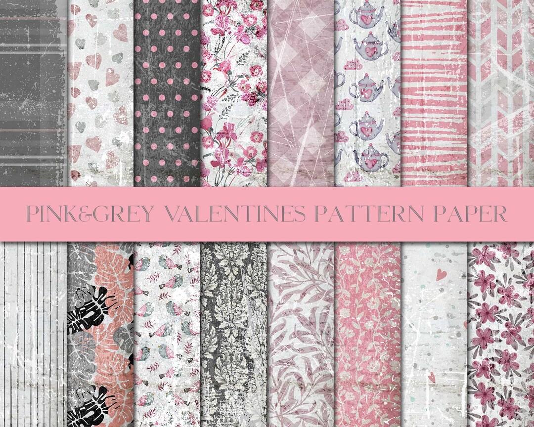 Pink and Grey Pattern, Valentine's Paper, Paper Pack, Shabby Pink Pattern, Grungy Grey ...