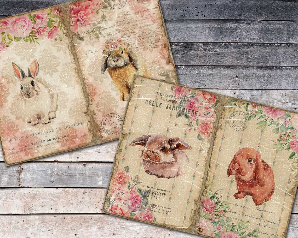 Pink French Rabbit Pages for Journal Bunny Digital Paper - Etsy