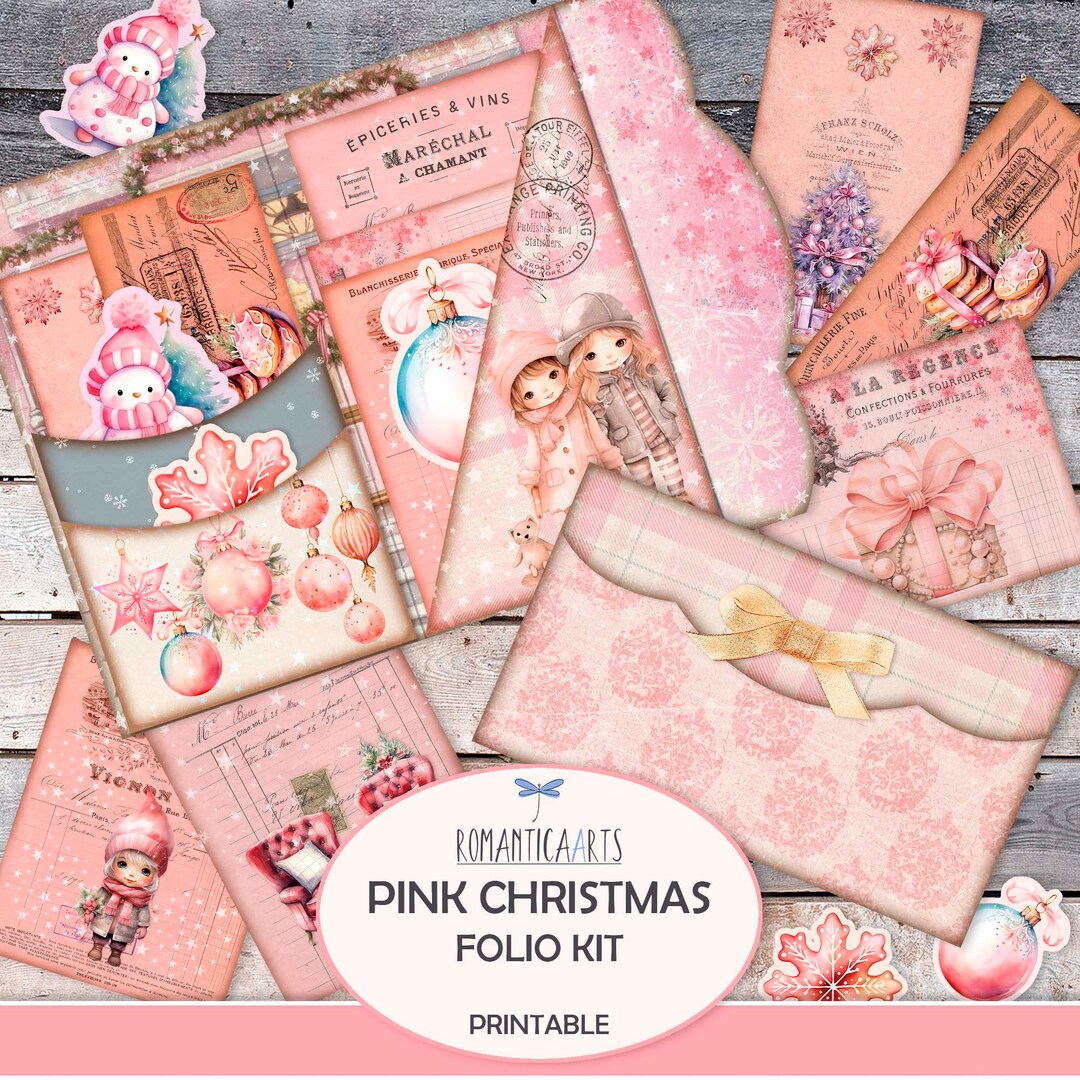 Pink Christmas Folio Kit, Pink Folder With Pockets, Shabby Folio Folder ...