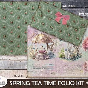 Spring Tea Time Folio Kit, Junk Journal Printable, Tri Fold Folio Kit, Tea and Roses, Folio ...