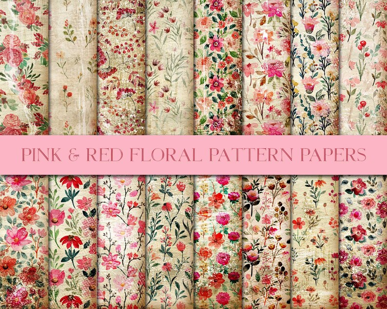 Pink and Red Floral Pattern Paper Pack Pink Flower Paper - Etsy