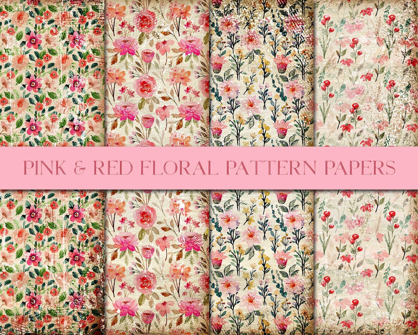 Pink and Red Floral Pattern Paper Pack Pink Flower Paper - Etsy