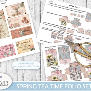 Spring Tea Time Folio Set, Junk Journal Printable, Tea and Roses, Tri Fold Folio Kit, Shabby ...
