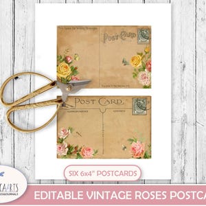 Editable Vintage Roses Postcards, Digital Victorian Rose, Postcard ...