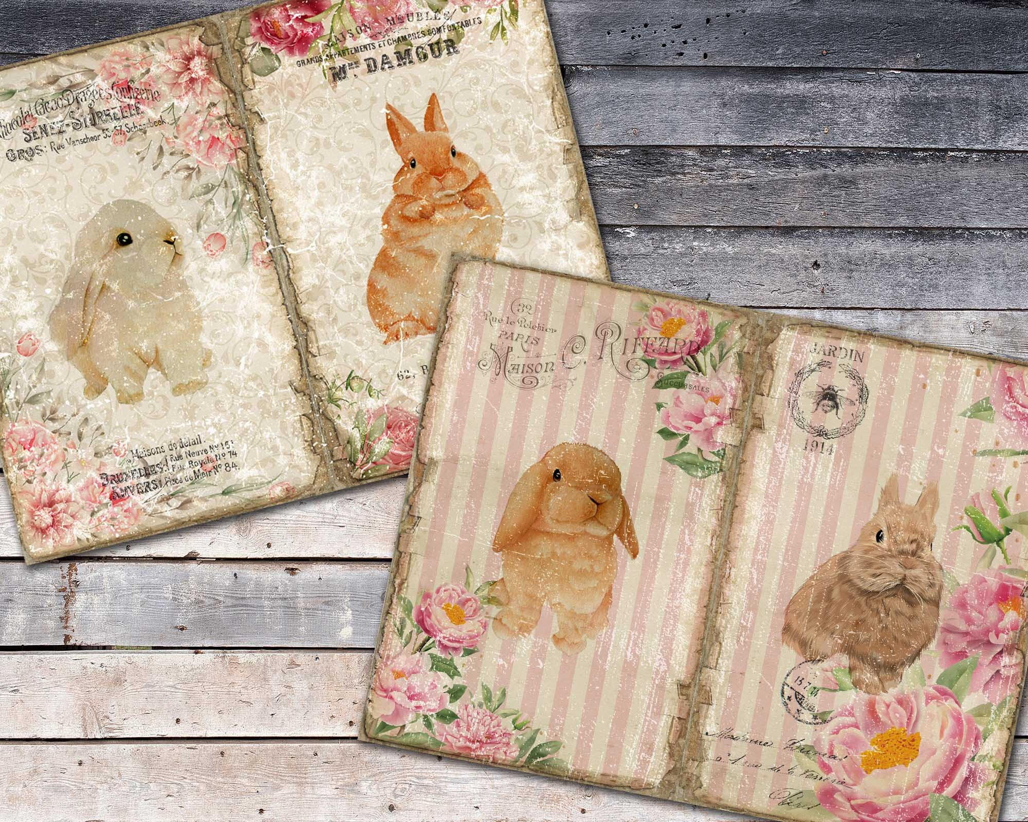 Pink French Rabbit Pages for Journal Bunny Digital Paper - Etsy