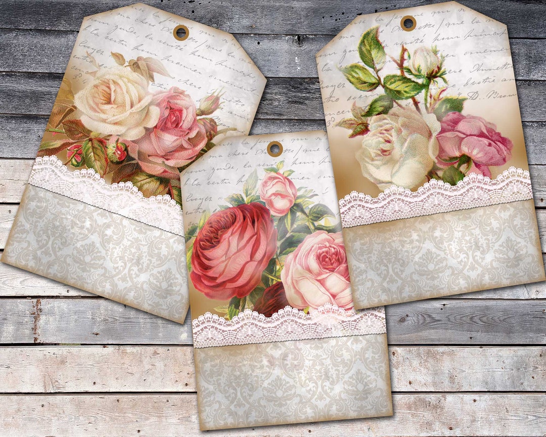 Vintage Roses Tags Digital, Printable Lace Gift Tags, Romantic Roses ...