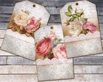 Vintage Roses Tags Digital Printable Lace Gift Tags Romantic - Etsy