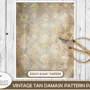 Digital Tan Damask Papers for Crafting, Brown Damask Paper Pack ...