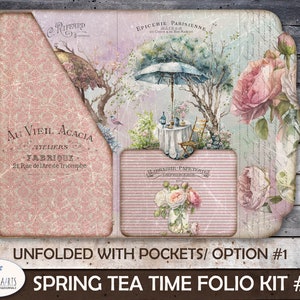 Spring Tea Time Folio Kit, Junk Journal Printable, Tri Fold Folio Kit