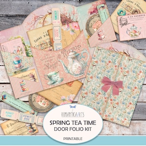 Spring Tea Time Double Door Folio, Junk Journal Printable, Tea And