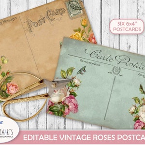 Editable Vintage Roses Postcards, Digital Victorian Rose, Postcard ...