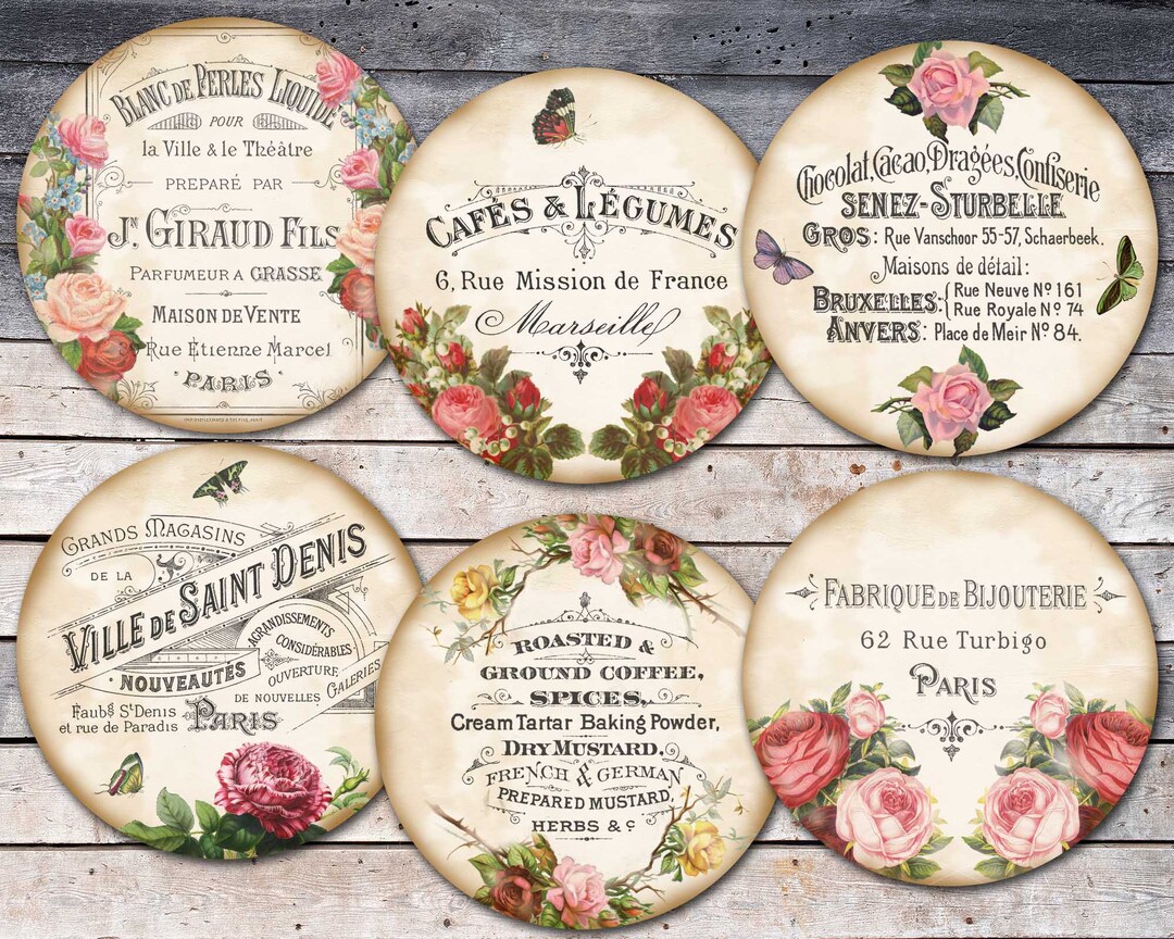 Printable Vintage Roses Round Label, French Advertising Digital ...