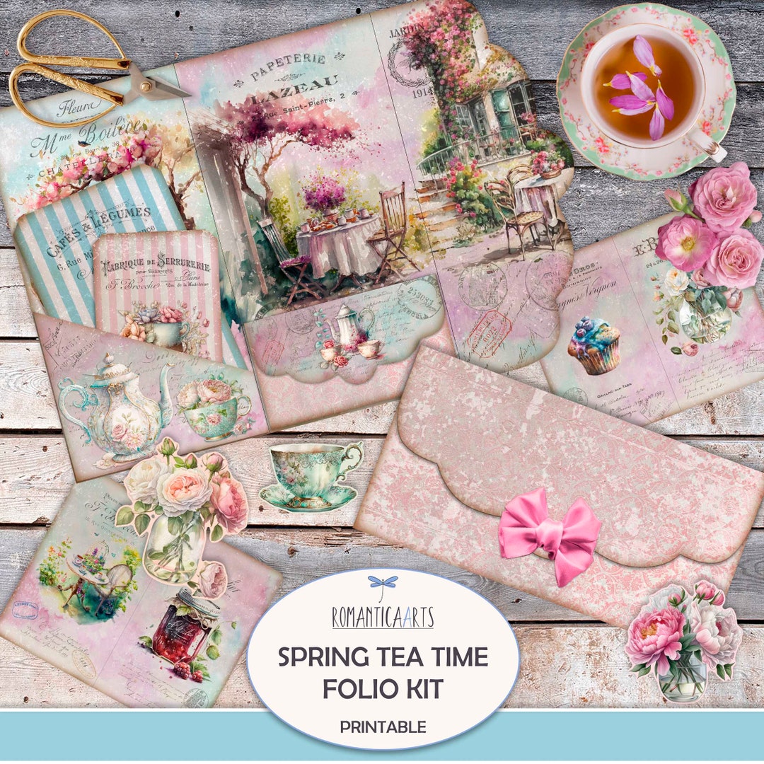Spring Tea Time Tri Fold Folio Kit, Tea and Roses, Shabby Folio Pocket, Loaded Folder, Tea ...