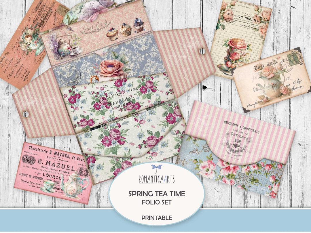 Spring Tea Time Folio Set, Junk Journal Printable, Tea and Roses, Tri Fold Folio Kit, Shabby ...