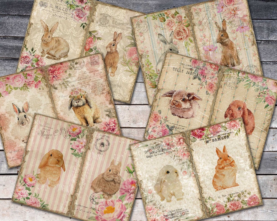 Pink French Rabbit Pages for Journal, Bunny Digital Paper, Easter Bunny ...