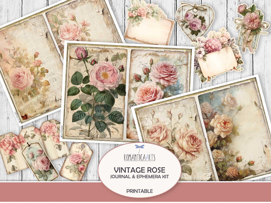 Vintage Rose Journal and Ephemera Kit, Shabby Chic Pink Roses, Floral ...