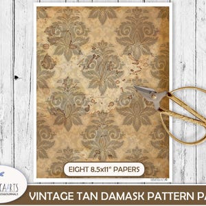Digital Tan Damask Papers for Crafting, Brown Damask Paper Pack ...