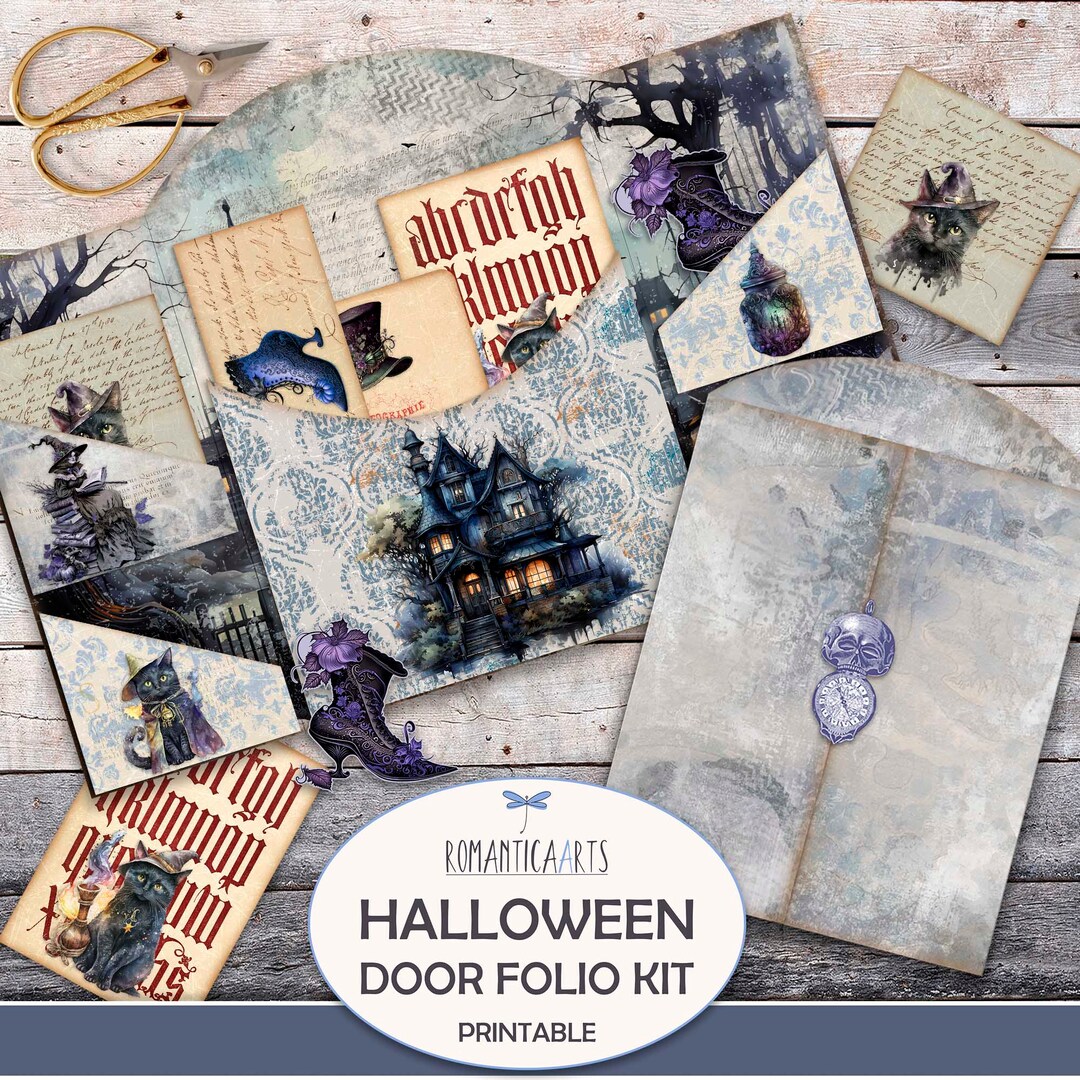 Halloween Door Folio Kit, Loaded Folder, Shabby Folding Folio, Halloween Printable, Junk Journal ...