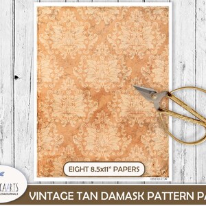 Digital Tan Damask Papers for Crafting, Brown Damask Paper Pack ...