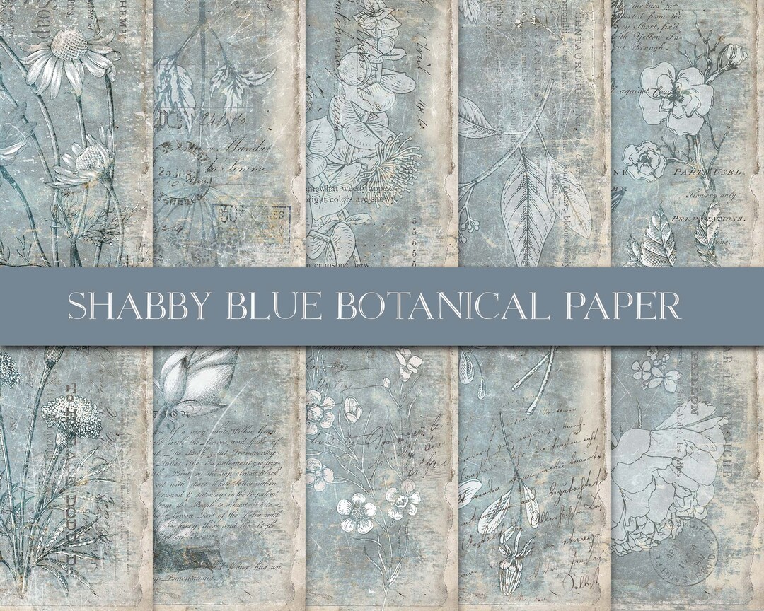Shabby Blue Botanical Paper for Journal, Blue Floral Paper, Floral ...