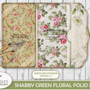 Shabby Green Floral Folio Kit, Junk Journal Printable, Tri Fold Folio Kit, Folio Pocket, Journal ...