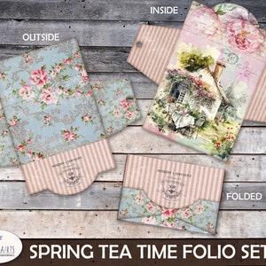 Spring Tea Time Folio Set, Junk Journal Printable, Tea and Roses, Tri Fold Folio Kit, Shabby ...