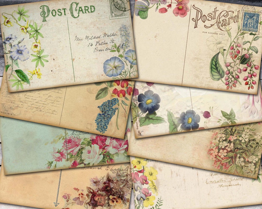 Digital Floral Postcards, Shabby Flower, Botanical Paper, Printable ...