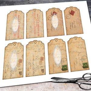 Vintage French Letter Stamp Editable Tags, Shabby Tattered Sepia Hang ...