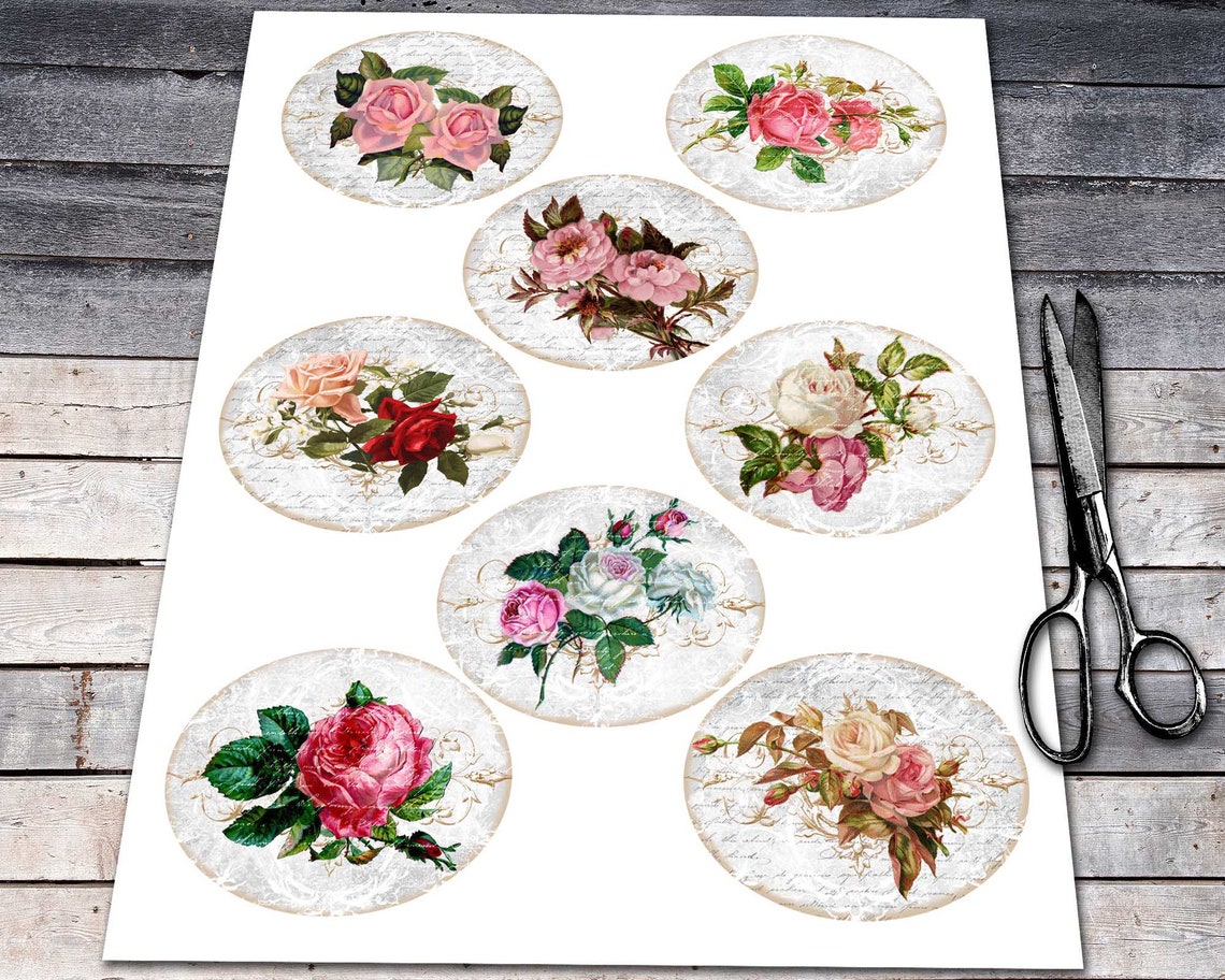 Shabby Roses Oval Collage Sheet Vintage Roses Printable - Etsy