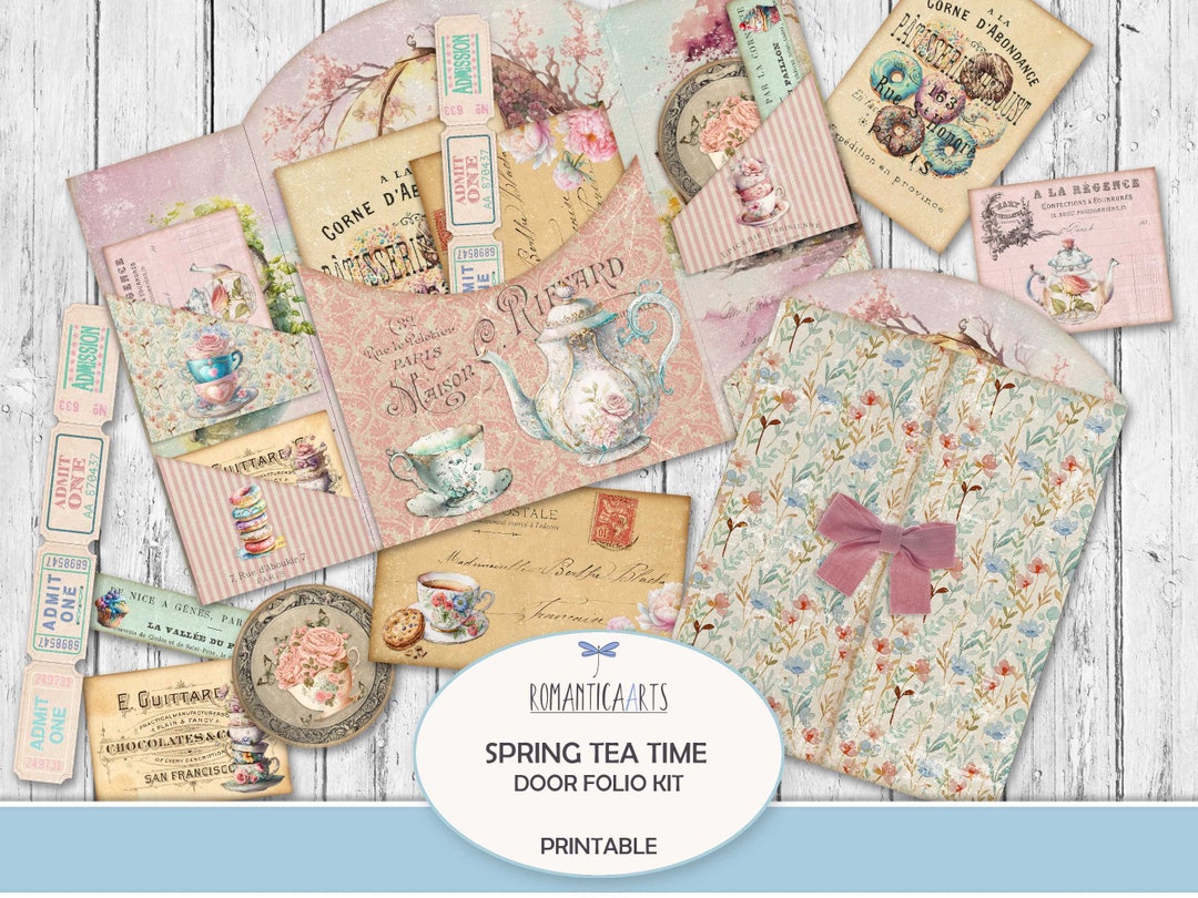 Spring Tea Time Double Door Folio, Junk Journal Printable, Tea and ...