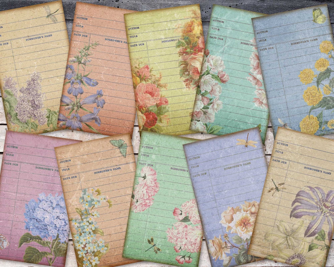 Vintage Library Card, Floral Library Card, Digital Botanical, Flower ...