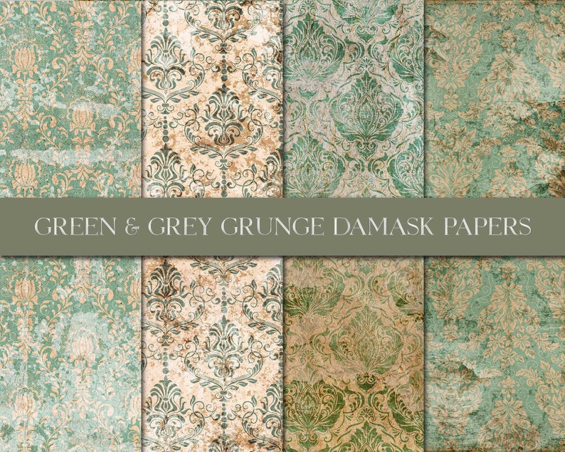 Digital Green and Grey Damask Paper Wallpaper Style Shabby - Etsy