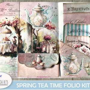 Spring Tea Time Tri Fold Folio Kit, Tea and Roses, Shabby Folio Pocket, Loaded Folder, Tea ...