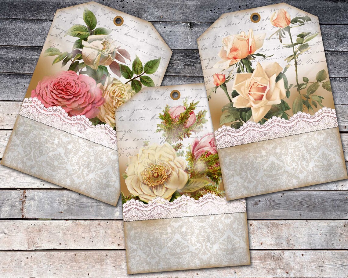 Vintage Roses Tags Digital Printable Lace Gift Tags Romantic | Etsy