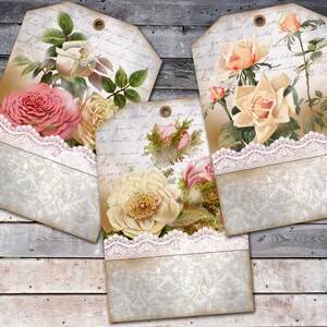 Vintage Roses Tags Digital, Printable Lace Gift Tags, Romantic Roses ...