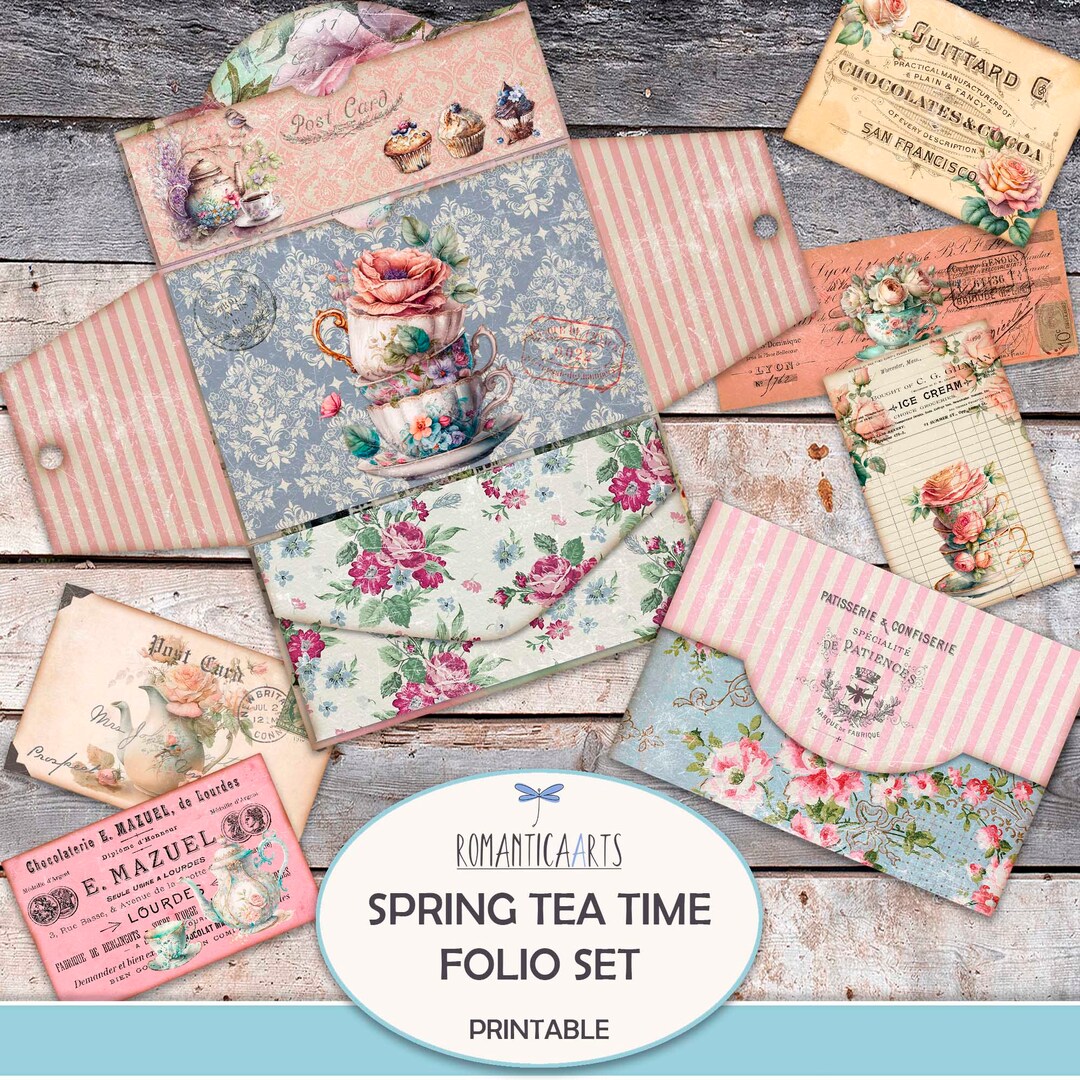 Spring Tea Time Folio Set, Junk Journal Printable, Tea and Roses, Tri Fold Folio Kit, Shabby ...