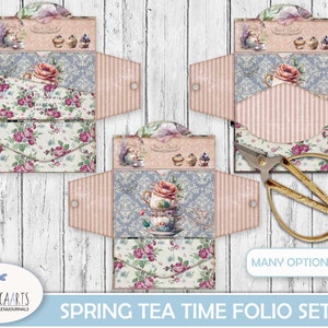 Spring Tea Time Folio Set, Junk Journal Printable, Tea and Roses, Tri Fold Folio Kit, Shabby ...