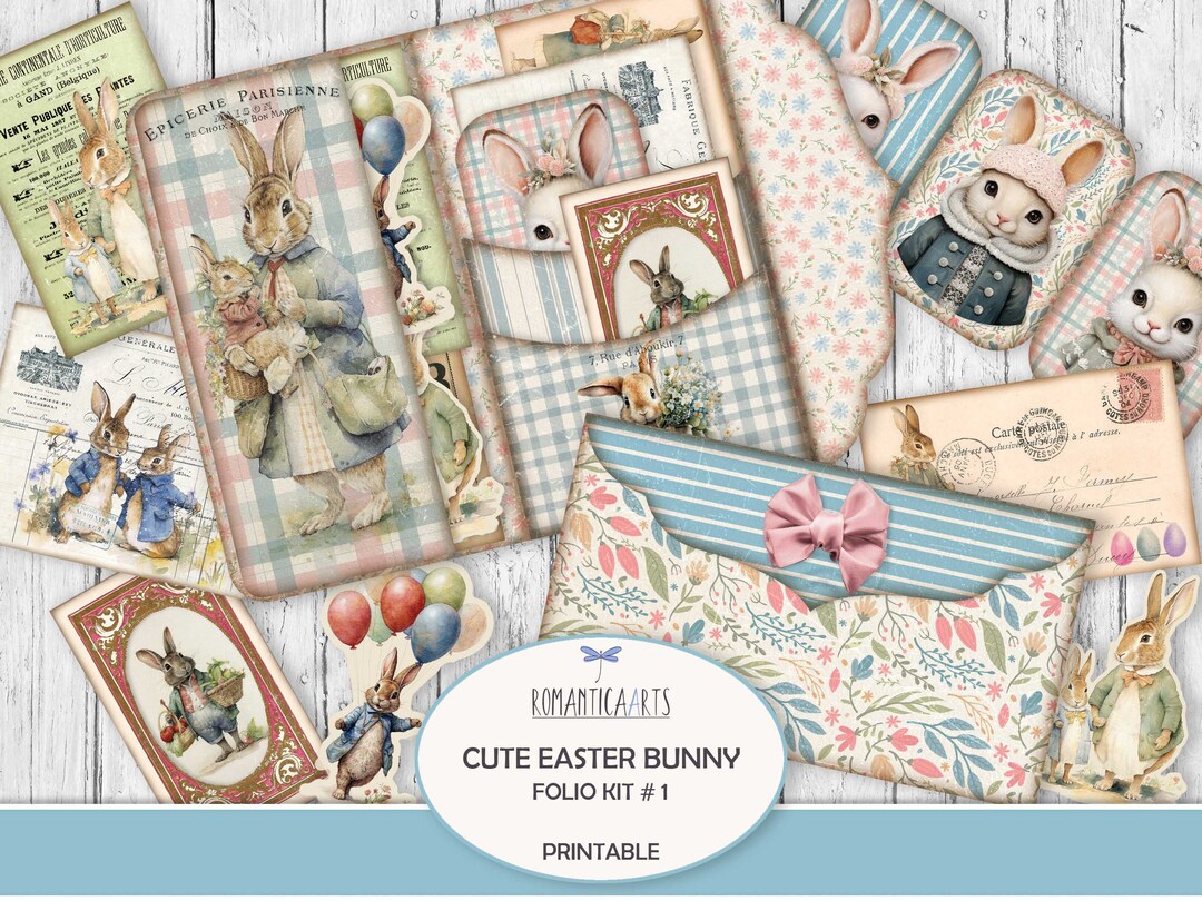 Cute Easter Bunny Folio Kit, Easter Journal, Easter Ephemera, Pink and ...