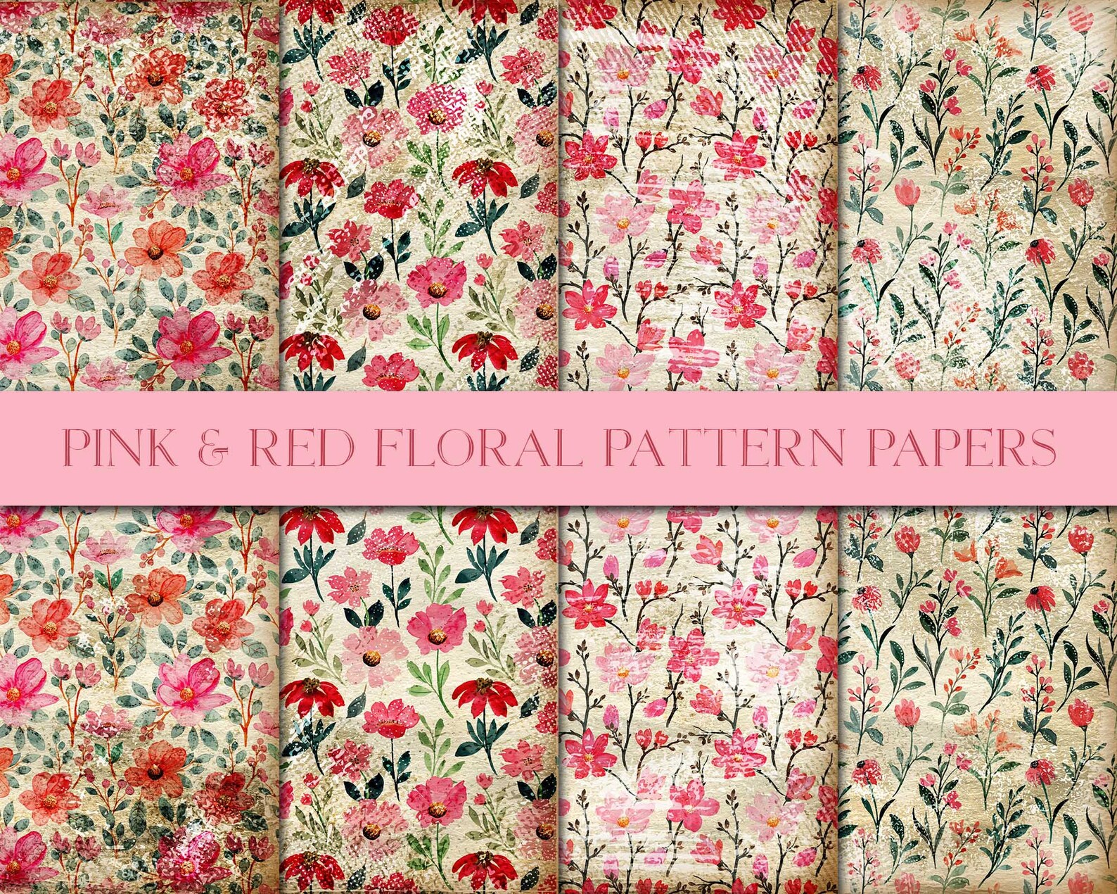 Pink and Red Floral Pattern Paper Pack Pink Flower Paper - Etsy