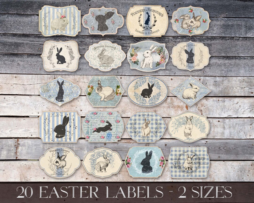 Easter Rabbit Labels Farm Style, Bunny Digital Paper, Easter Ephemera ...