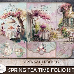 Spring Tea Time Tri Fold Folio Kit, Tea and Roses, Shabby Folio Pocket, Loaded Folder, Tea ...