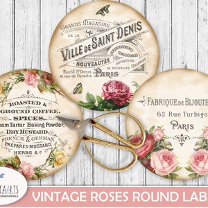 Printable Vintage Roses Round Label, French Advertising Digital ...