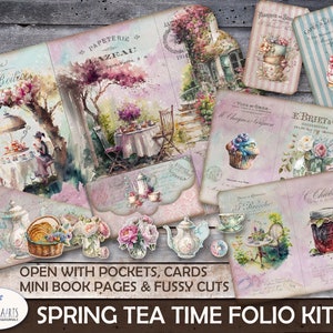 Spring Tea Time Tri Fold Folio Kit, Tea and Roses, Shabby Folio Pocket, Loaded Folder, Tea ...