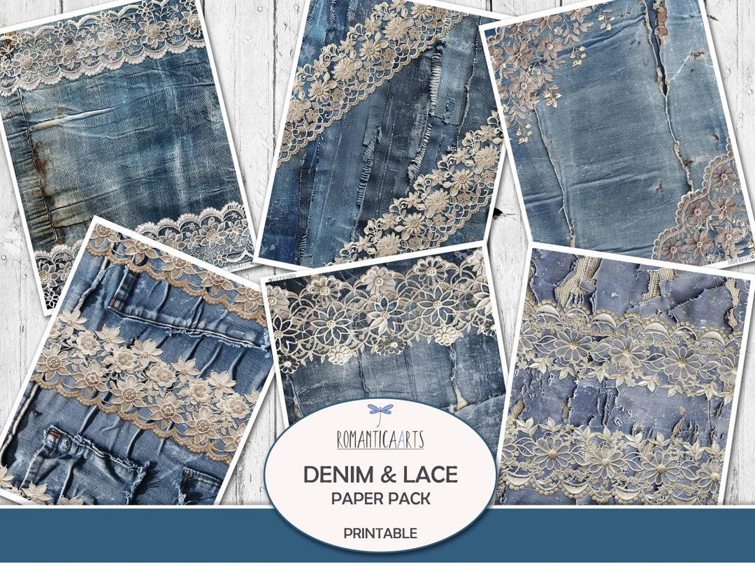 Blue Denim and Lace Digital Paper, Grunge Paper Printable, Junk Journal ...