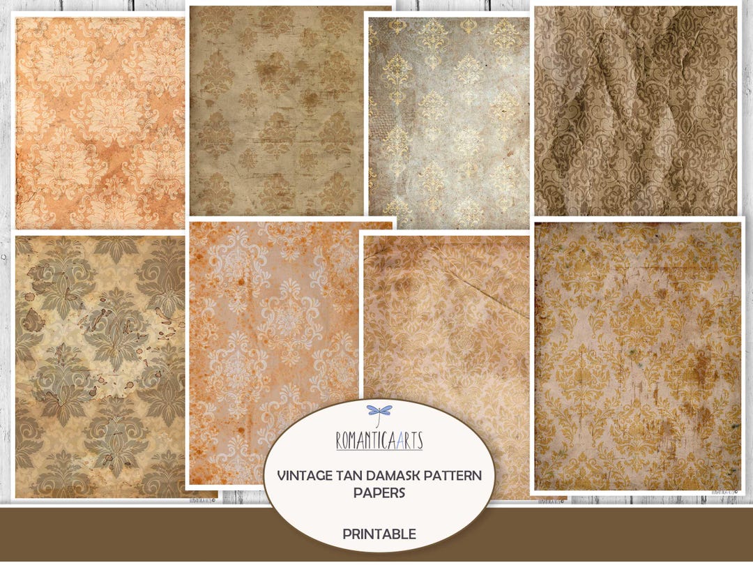 Digital Tan Damask Papers for Crafting, Brown Damask Paper Pack ...