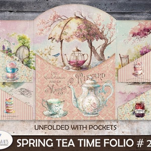 Spring Tea Time Double Door Folio, Junk Journal Printable, Tea And