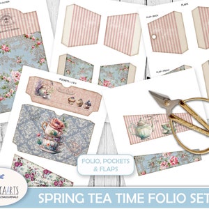 Spring Tea Time Folio Set, Junk Journal Printable, Tea and Roses, Tri Fold Folio Kit, Shabby ...
