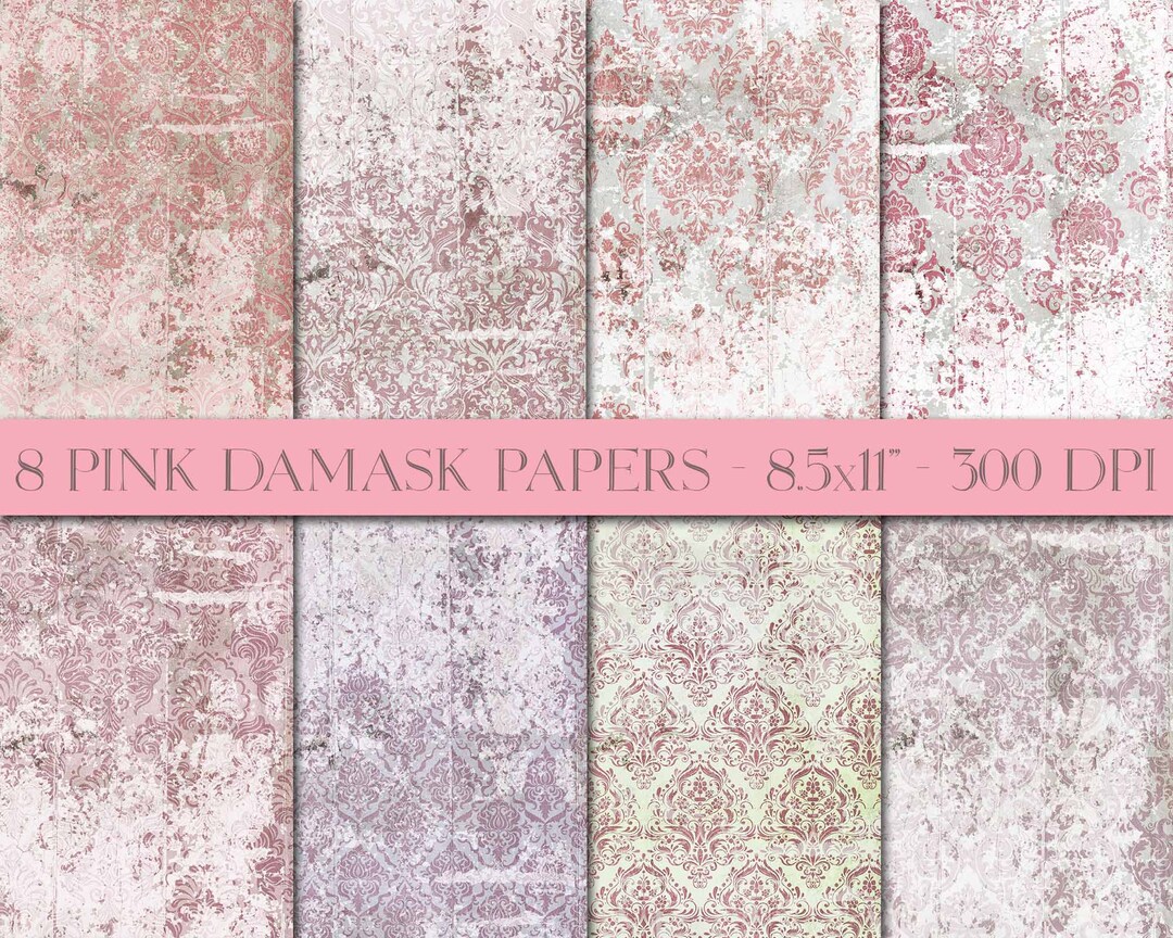 Pink Damask Paper, Digital Paper Pack, Damask Background, Shabby Pink ...