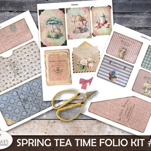 Spring Tea Time Folio Kit, Junk Journal Printable, Tri Fold Folio Kit, Tea and Roses, Folio ...